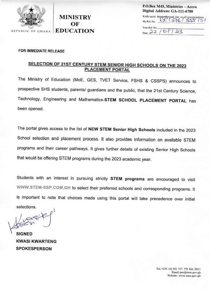 Guide to The Selection of Stem SHS on The 2023 Placement Portal