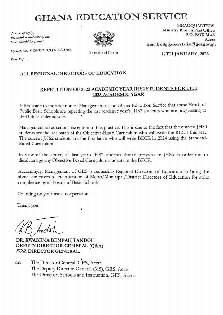 Do not Repeat Any JHS 2 Student progressing to JHS 3 - GES orders Heads.