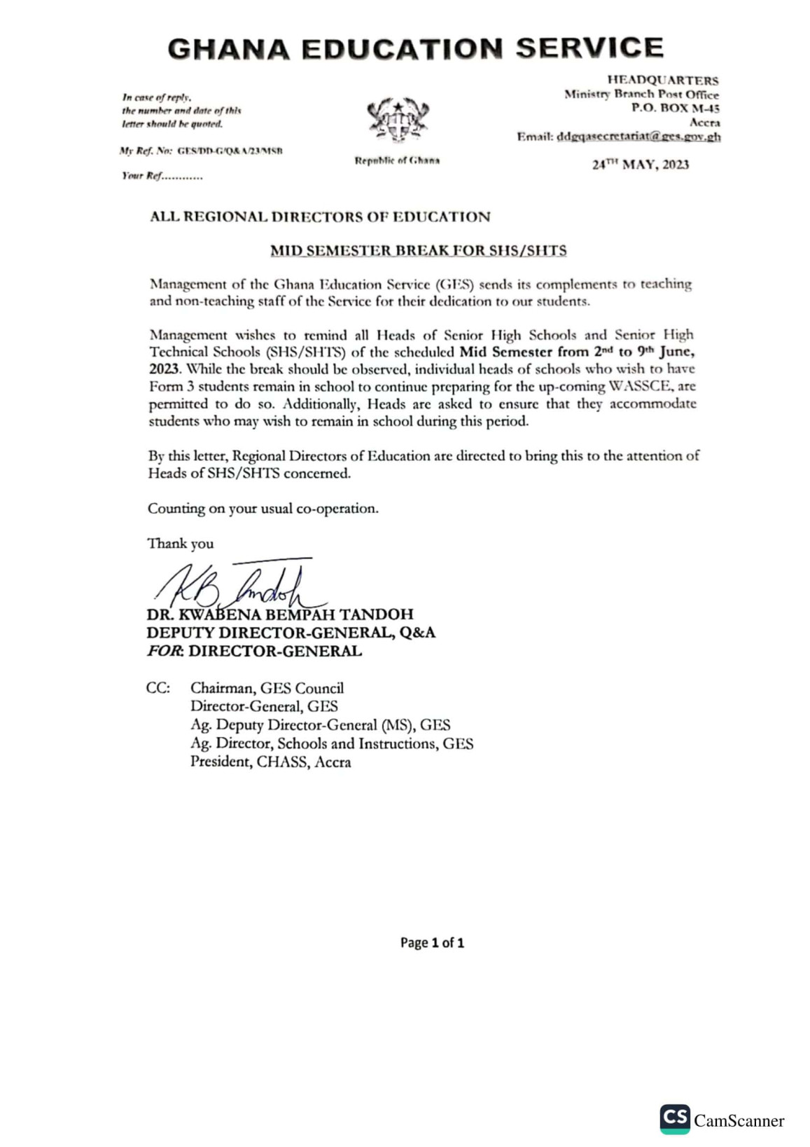 GES Notice on Mid Semester break for SHS/SHTS - iCreateGH