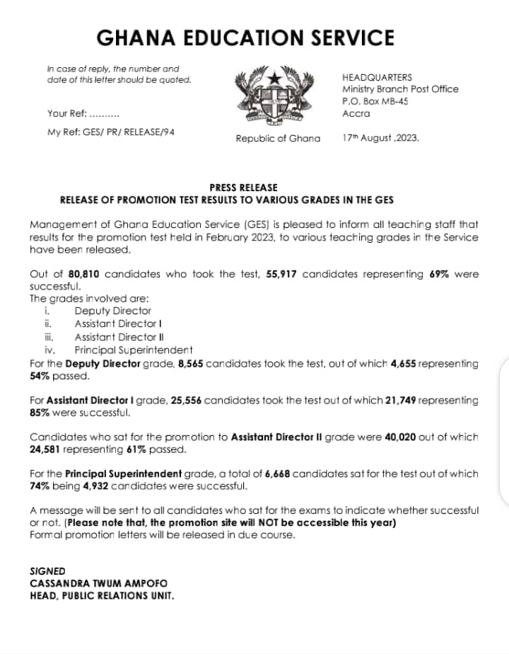 GES Promotion Exams Results Released - iCreateGH