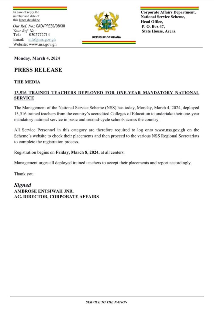Trained Teachers Mandatory NSS Placement Out - iCreateGH